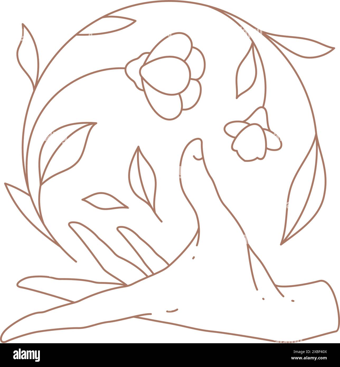 Monochrome human hand with circled flower stem botanical blossom beauty ...