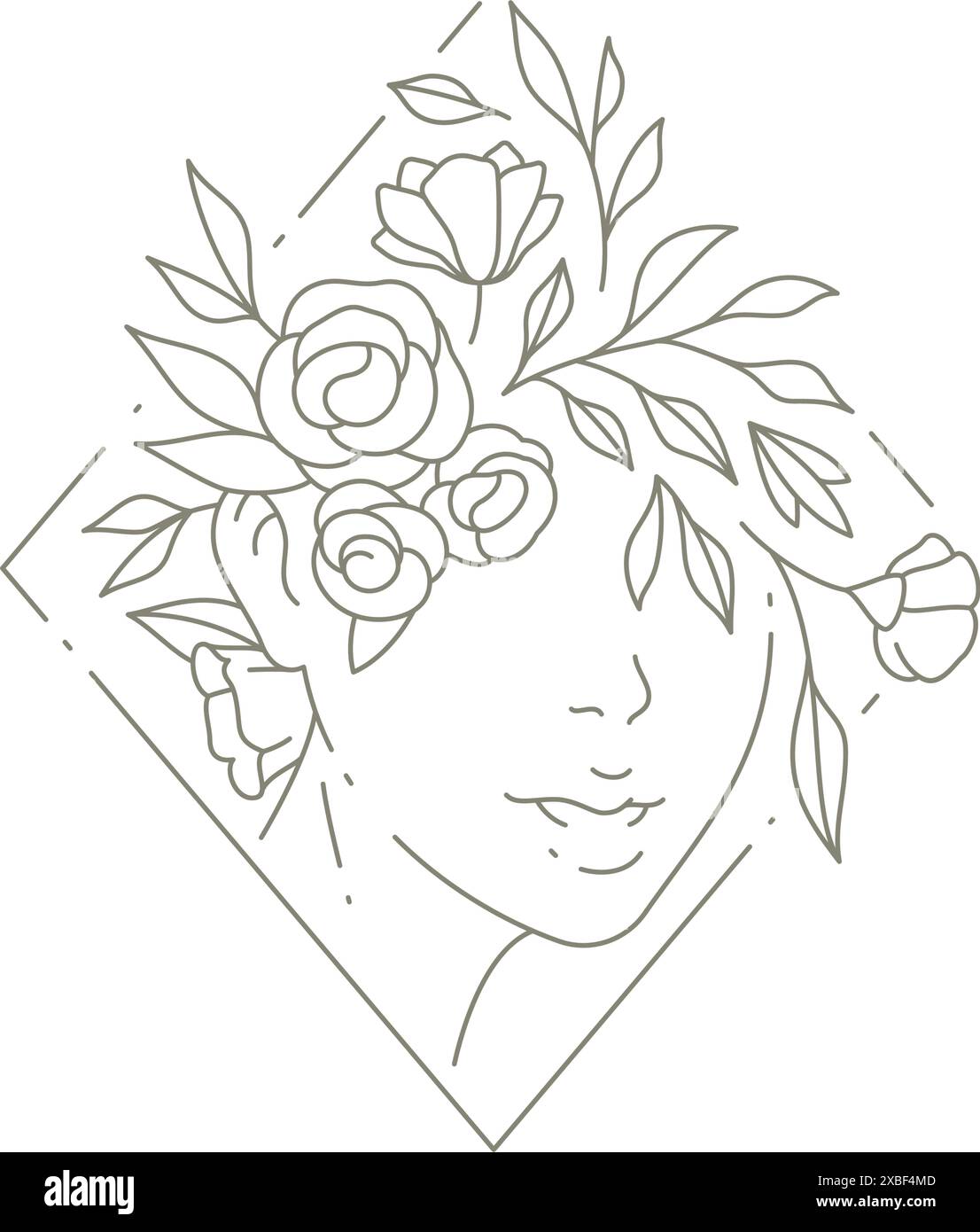 Romantic woman face with botanical flower on head at rhombus frame icon ...