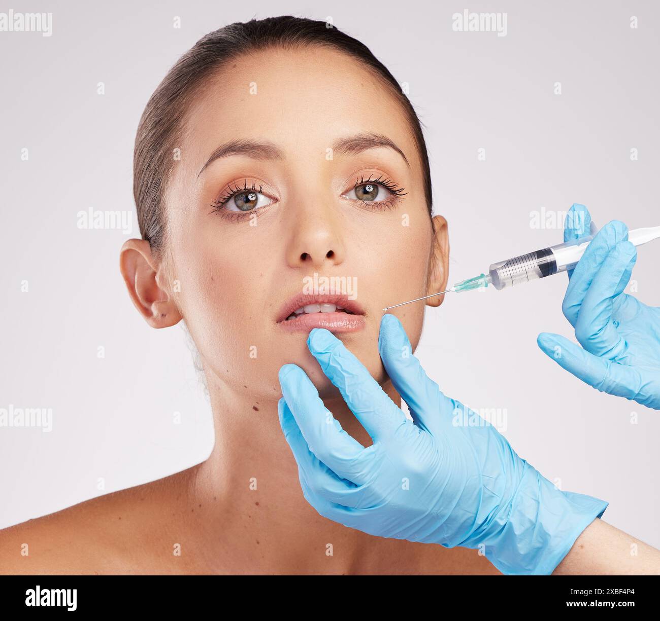 Woman, needle and beauty portrait for plastic surgery with facelift and ...
