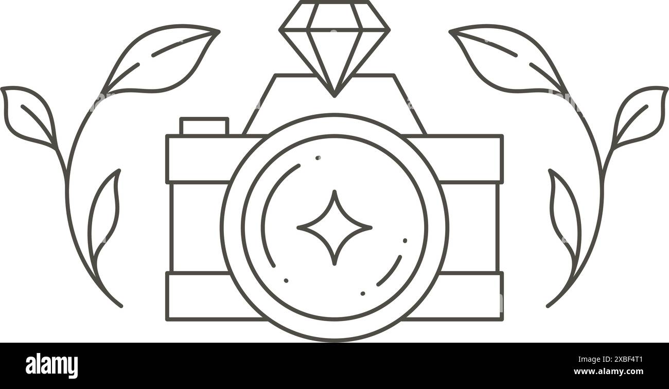 Linear professional photo camera with gems and natural plant tree ...