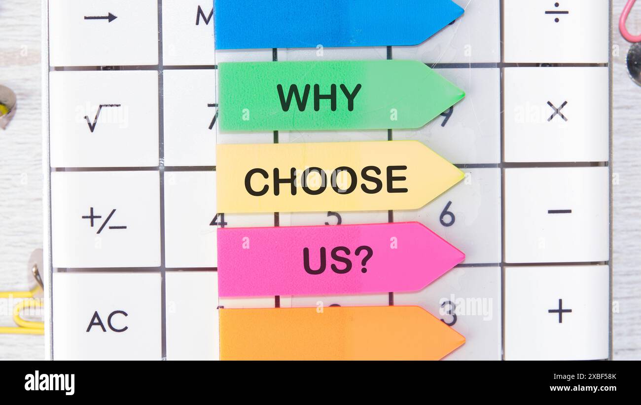 Business and Why choose us concept. Copy space. Why choose us symbol on ...