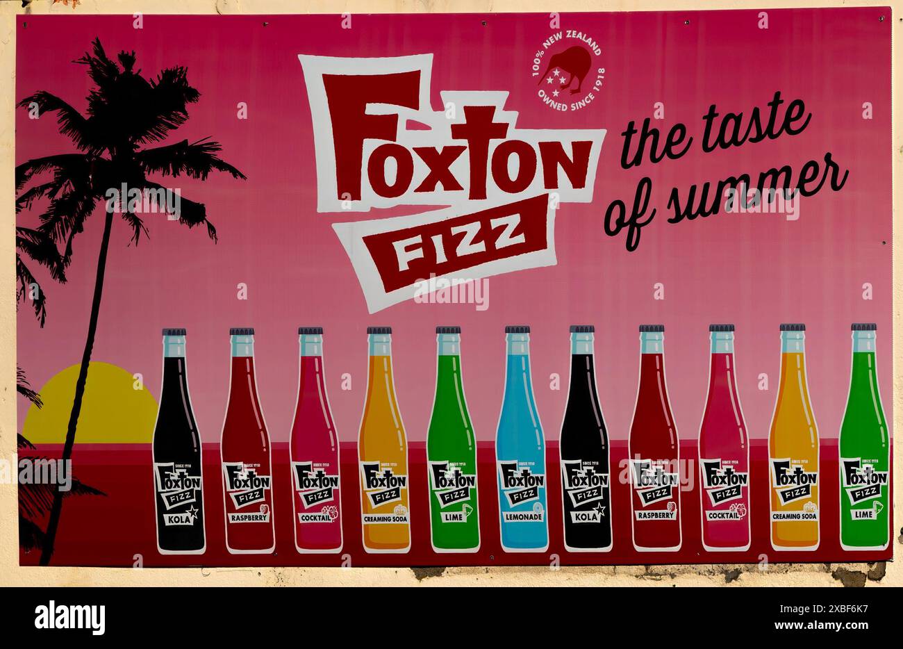 The colorful Foxton Fizz advertisement with various flavors and palm ...