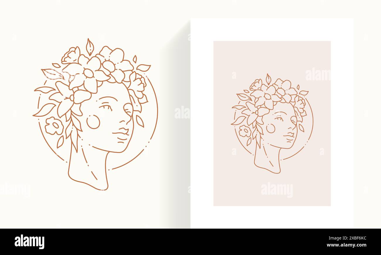 Hand drawn woman head covered by blossom flower in circle frame line ...