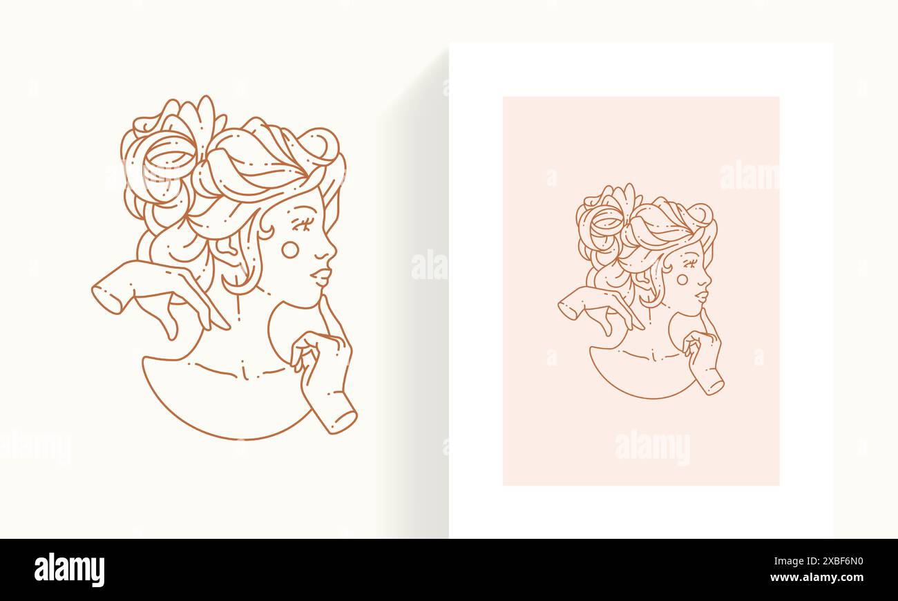 Romantic pensive feminine with waving hairstyle finger near lips line ...