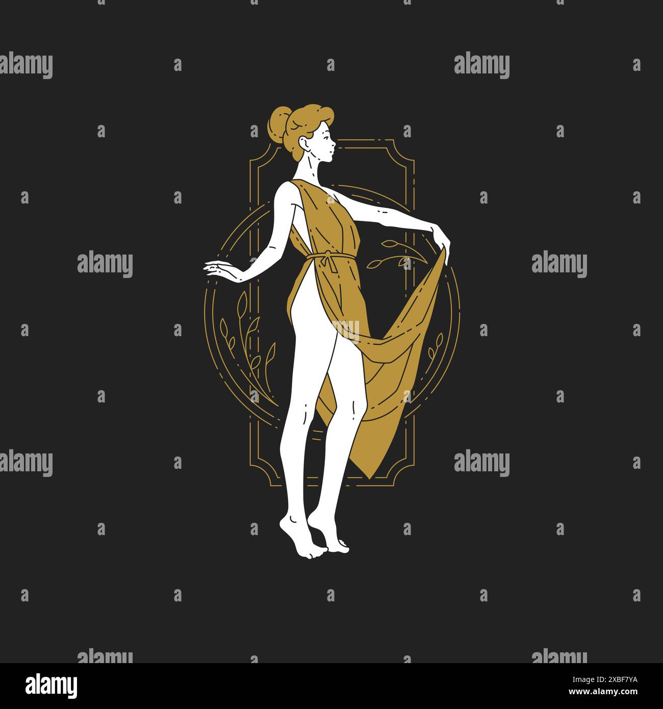 Hand drawn minimalistic ancient Greek goddess woman in dress posing at ...