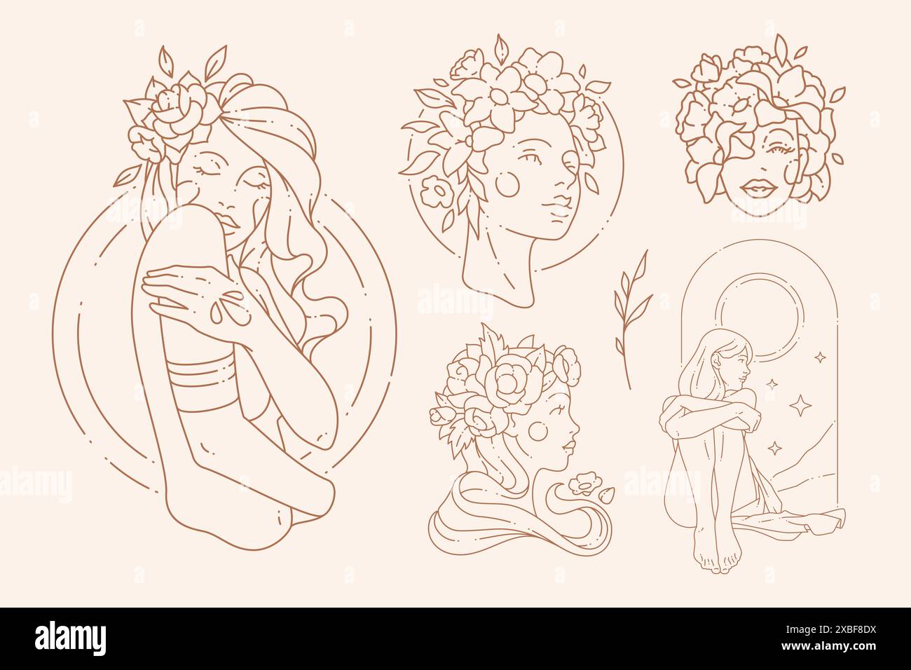 Simple line art deco female decorated by blossom flowers on head posing ...