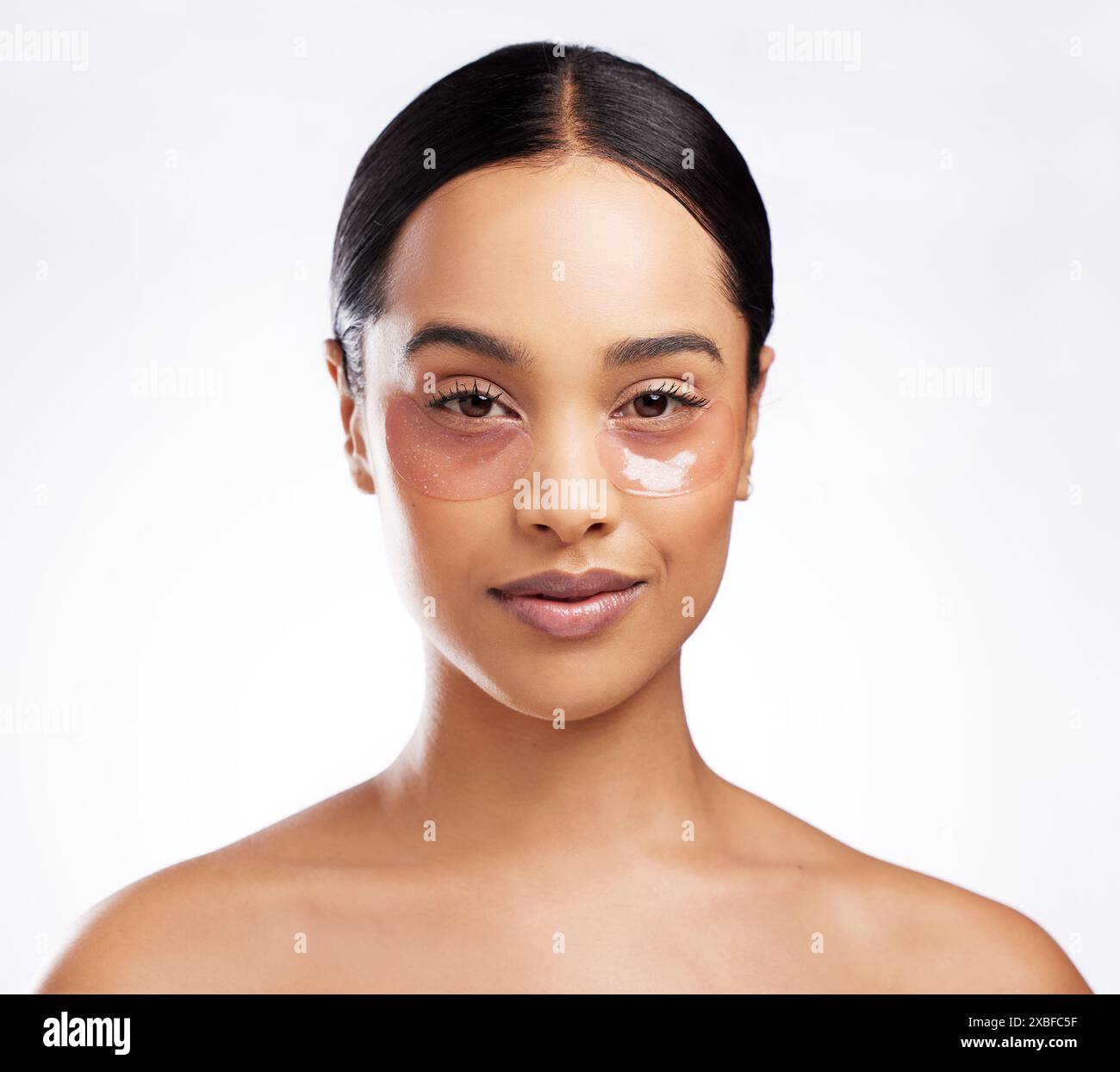 Skincare, eye patches and portrait of woman, studio and treatment for ...