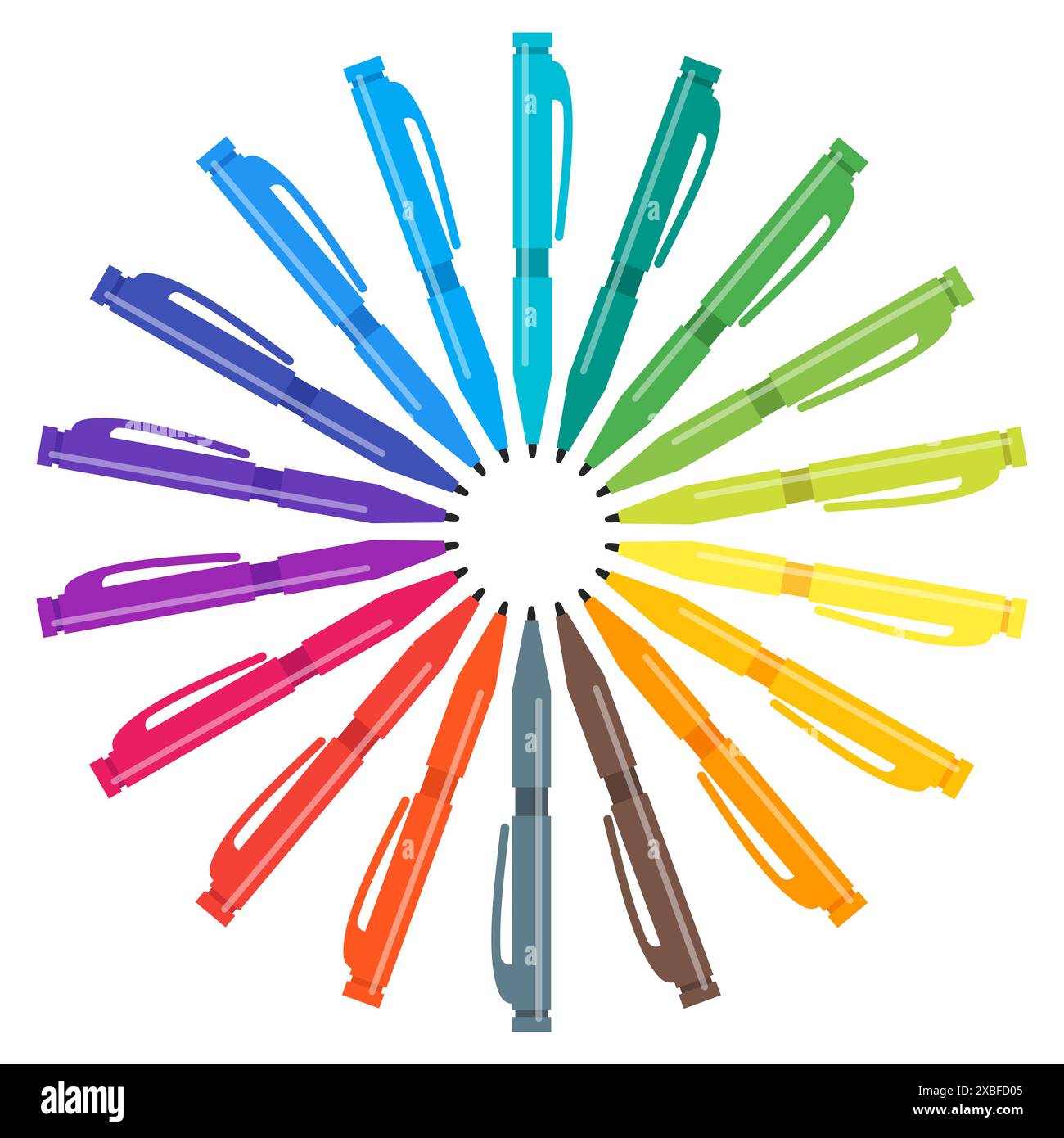 Set of multicolored pens placed in a circle. Vector illustration Stock ...