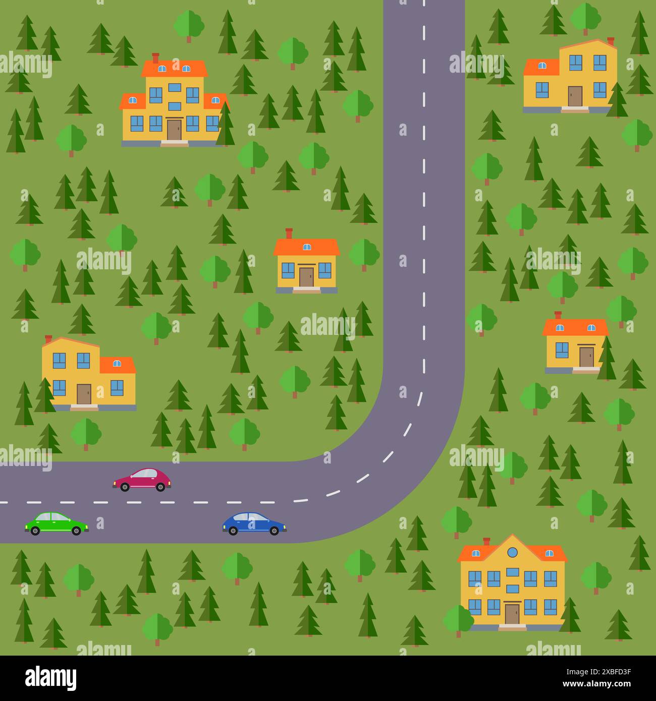 Plan of village. Landscape with the road, forest, cars and houses ...