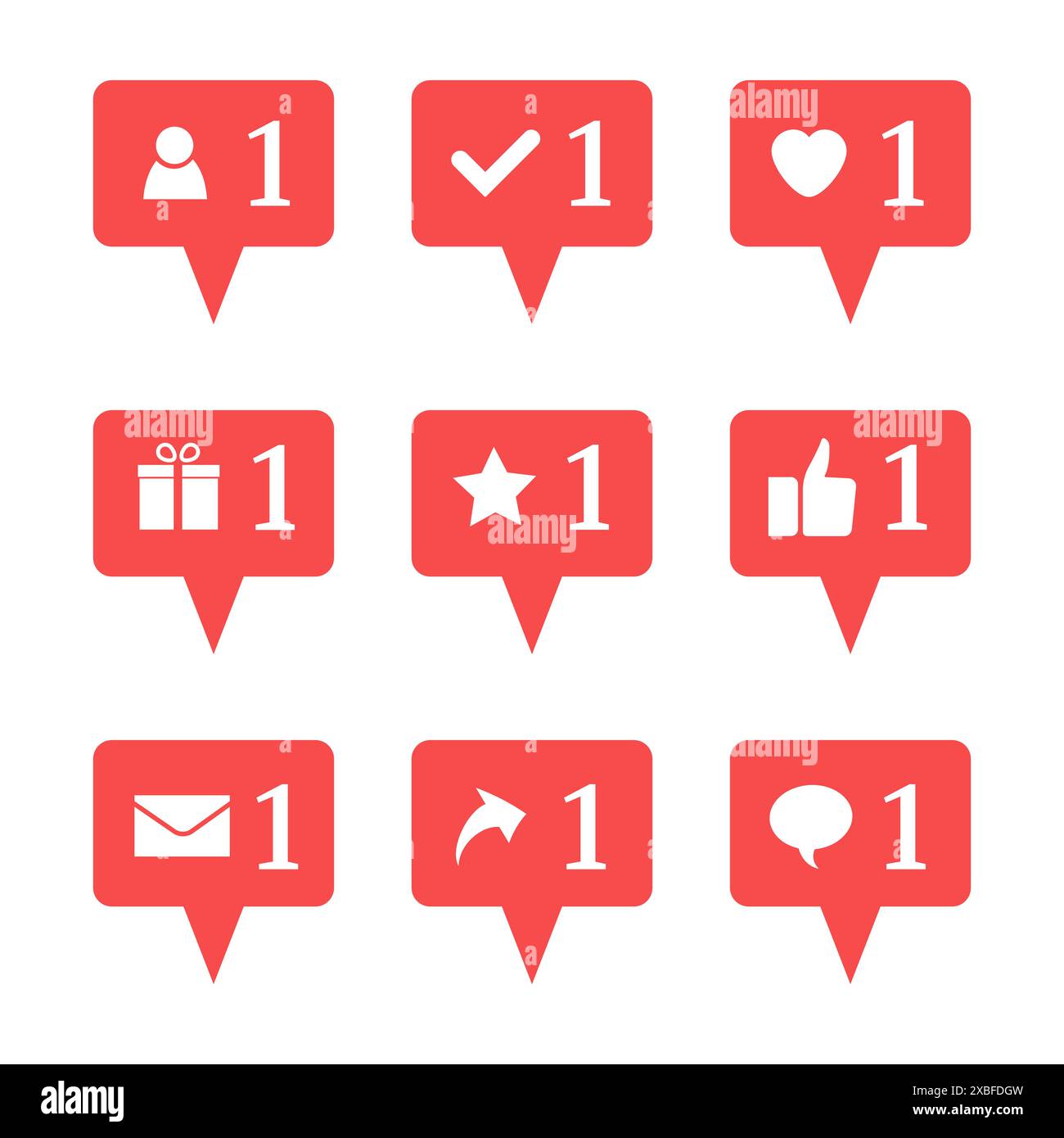 Set of nine notifications in social media. Heart, star, follower ...