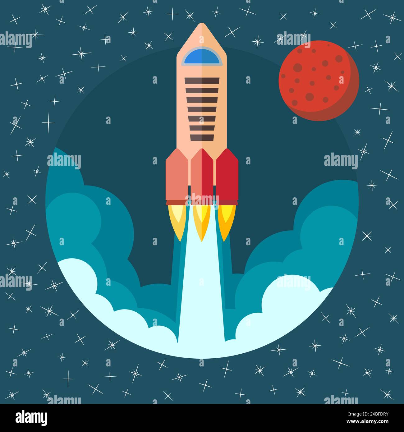 Space rocket ship in round piece. Space rocket launch with Mars in the ...
