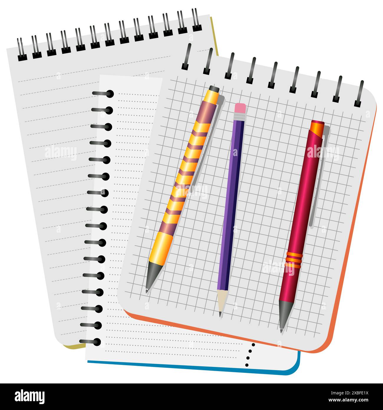 Three notebooks, yellow pen, red pen and purple pencil on a white ...