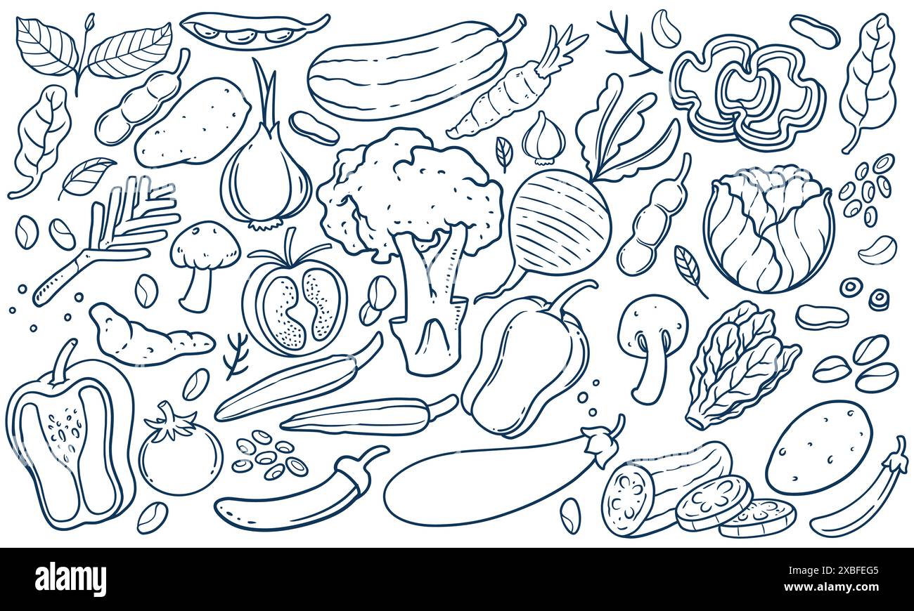 Black and white Vegetable Doodle Illustration set. Hand drawn sets of ...
