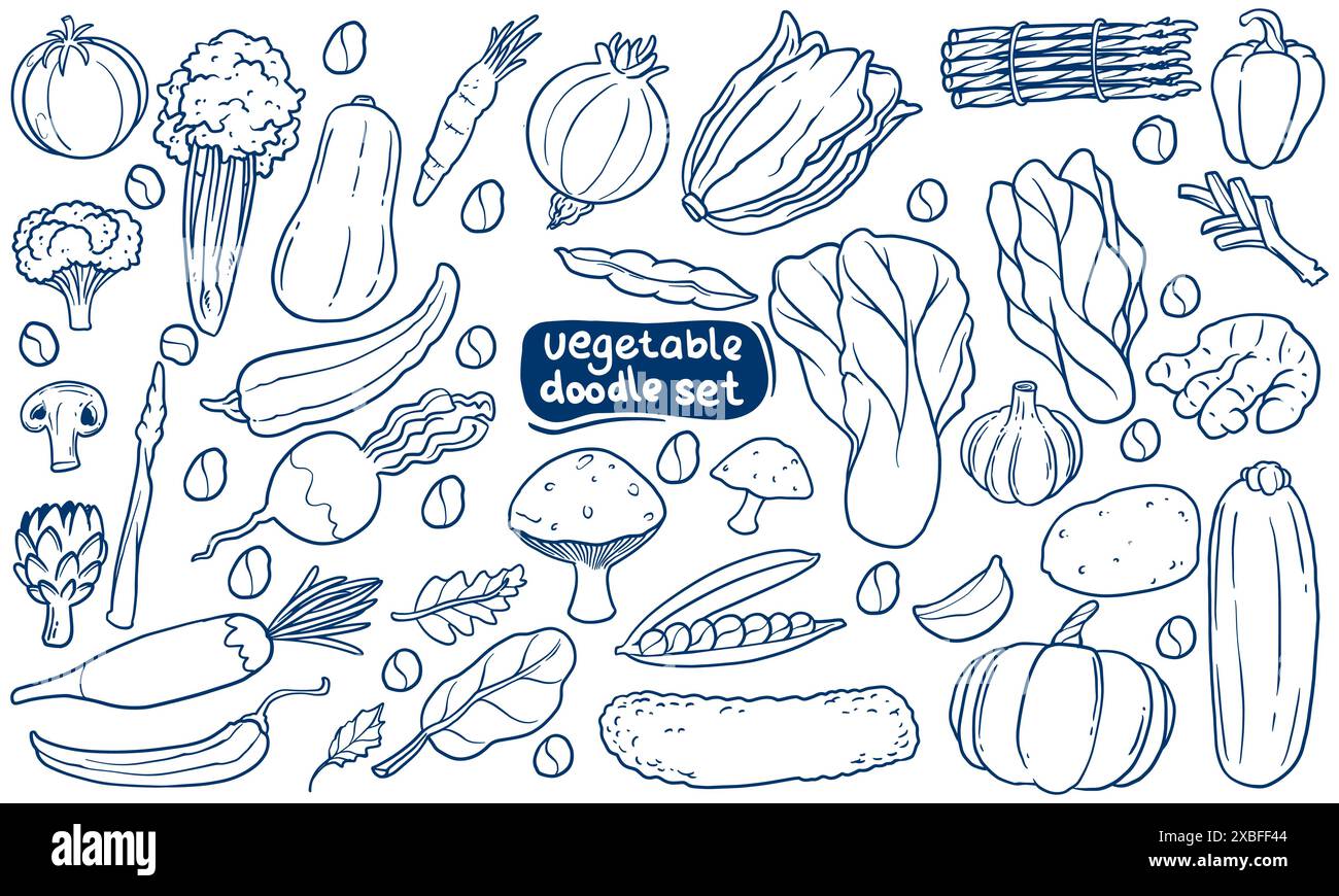 Black and white Vegetable Doodle Illustration set. Hand drawn sets of ...