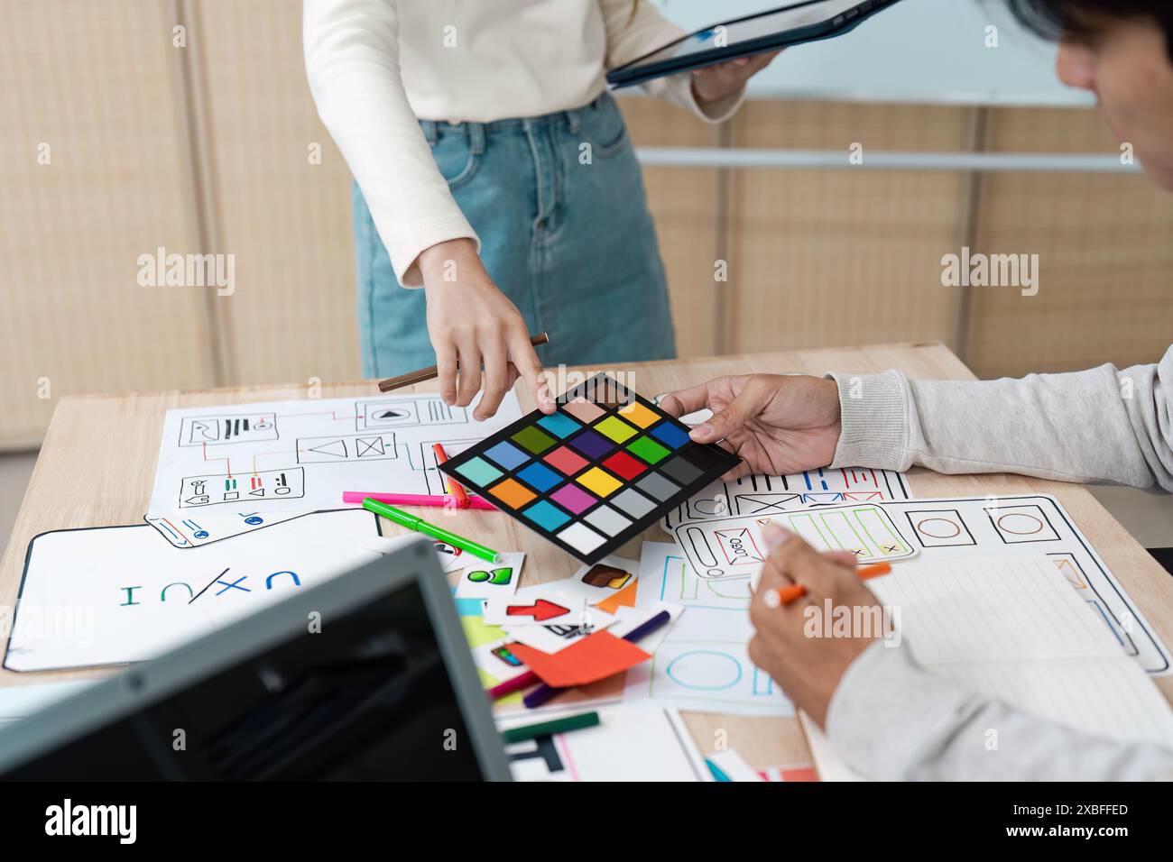 Creative Ux Ui Design Process With Color Palette And Wireframes On Desk Designers Collaboration