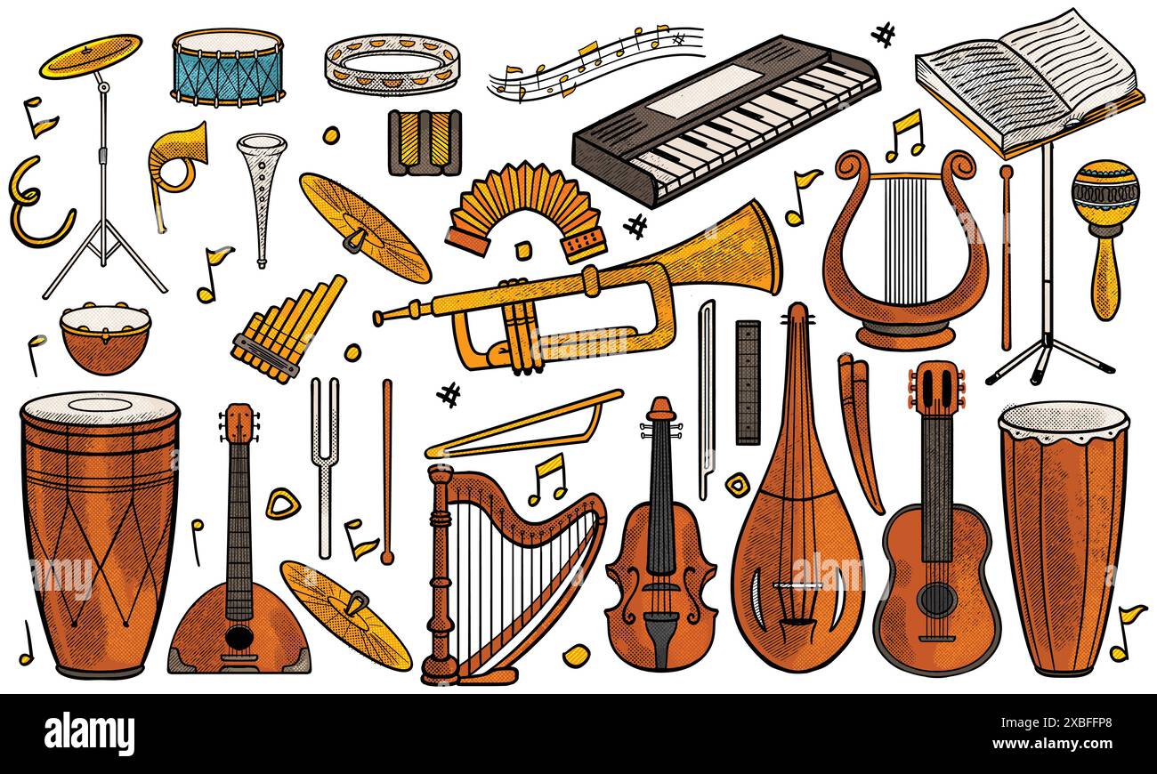 Colorful hand drawn set of classic and jazz music instruments in doodle ...