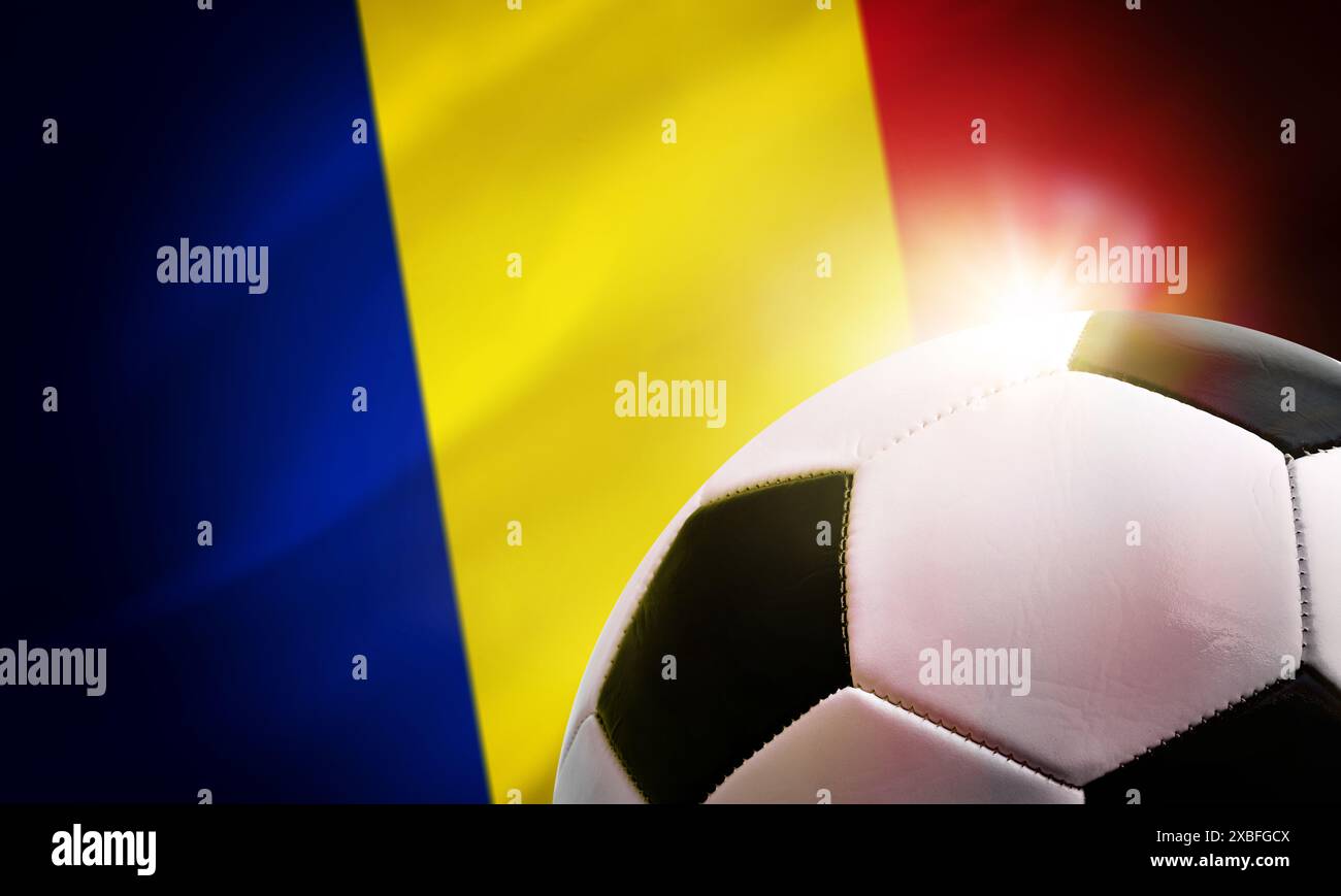 Romania soccer background with ball and the country's flag in the ...