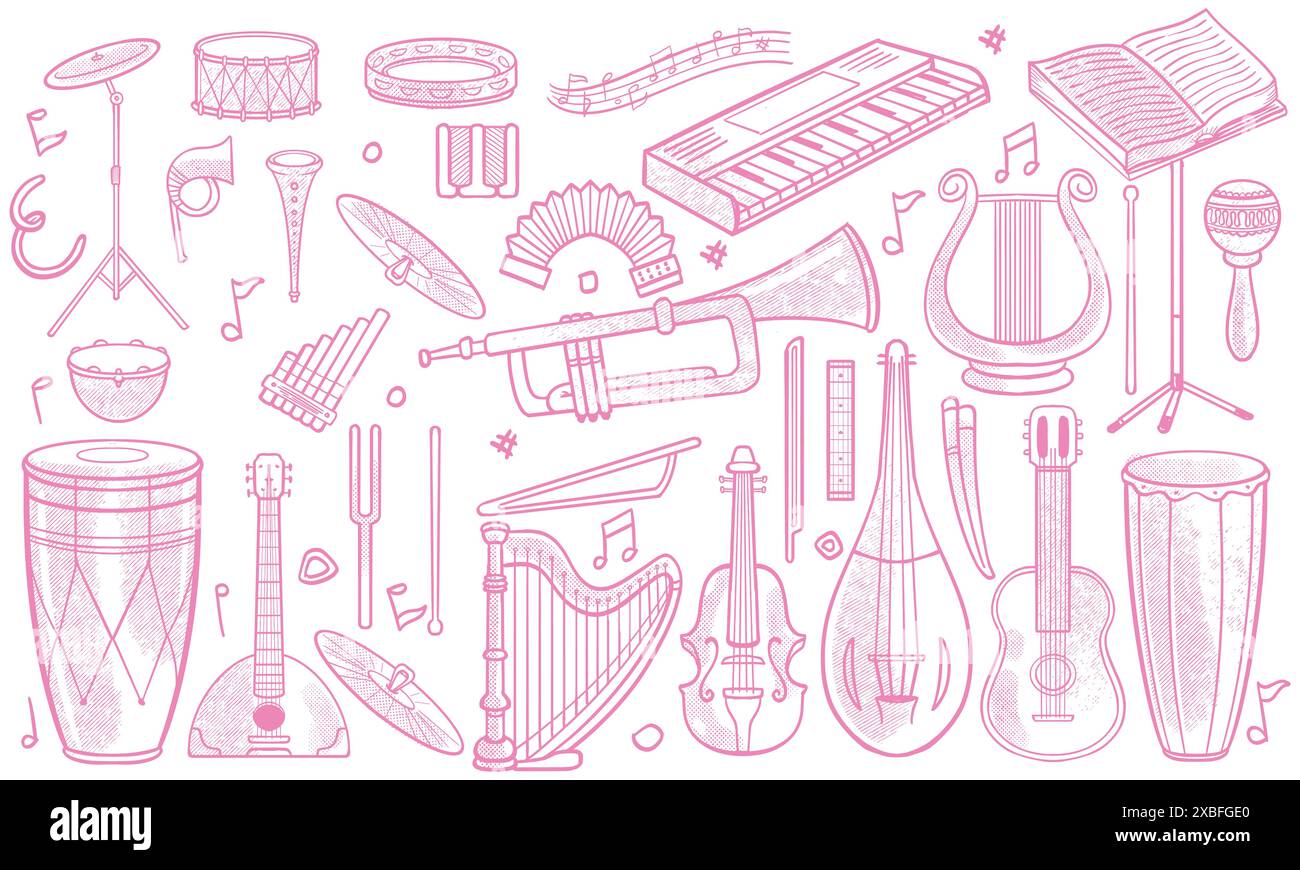 Pink hand drawn set of classic and jazz music instruments in doodle ...
