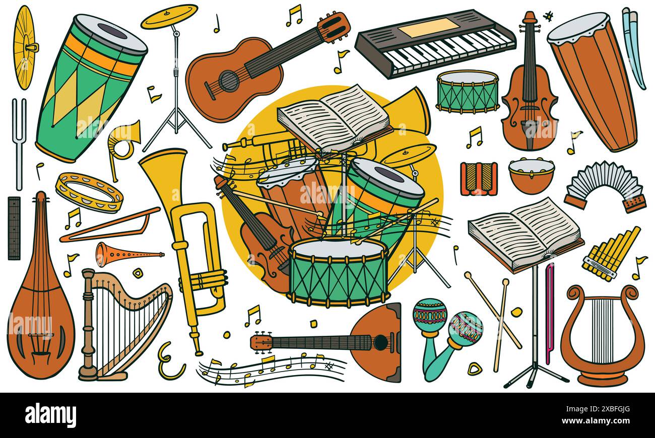 Colorful hand drawn set of classic and jazz music instruments in doodle ...