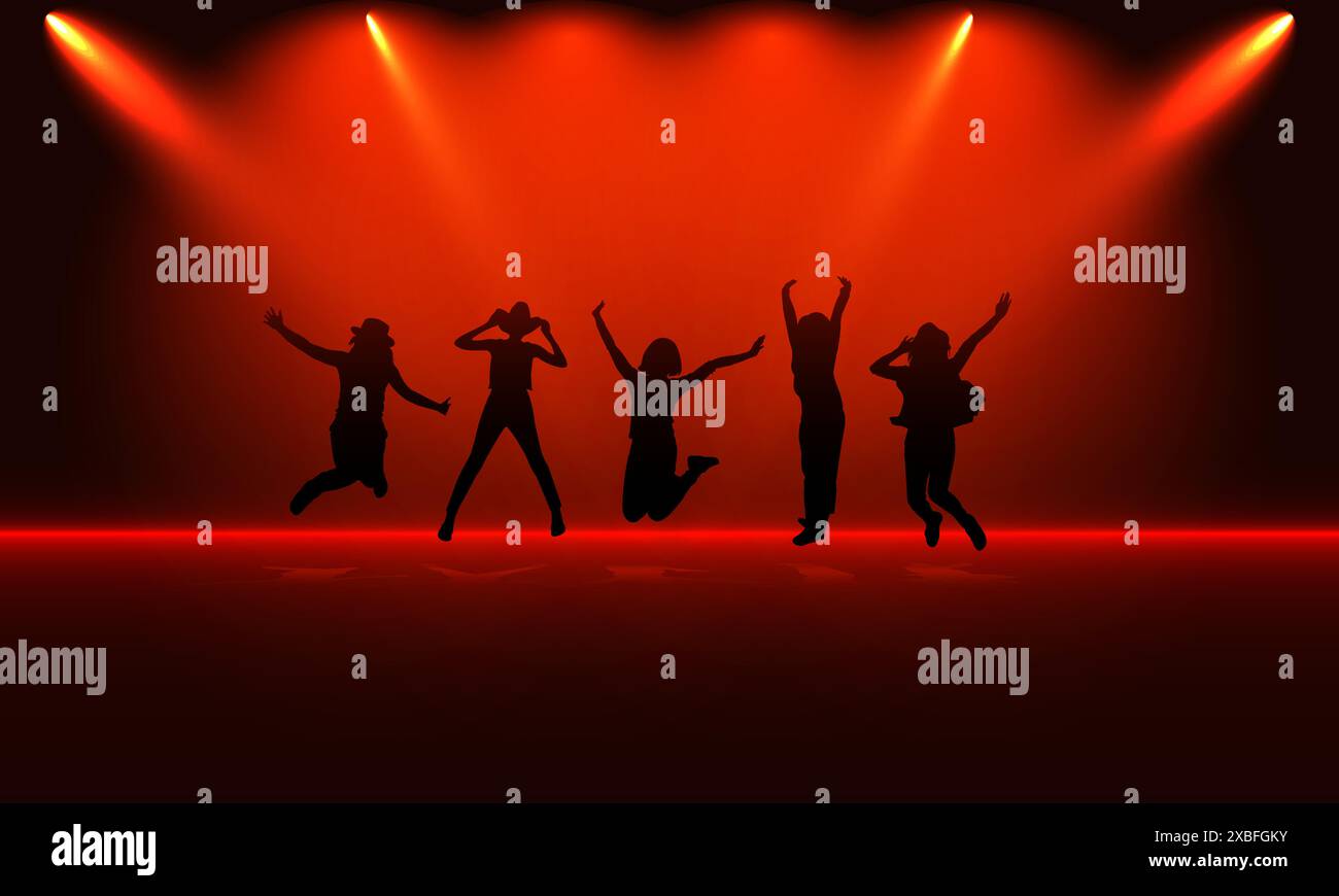silhouette Group People Jump with Red Spotlight Background vector ...