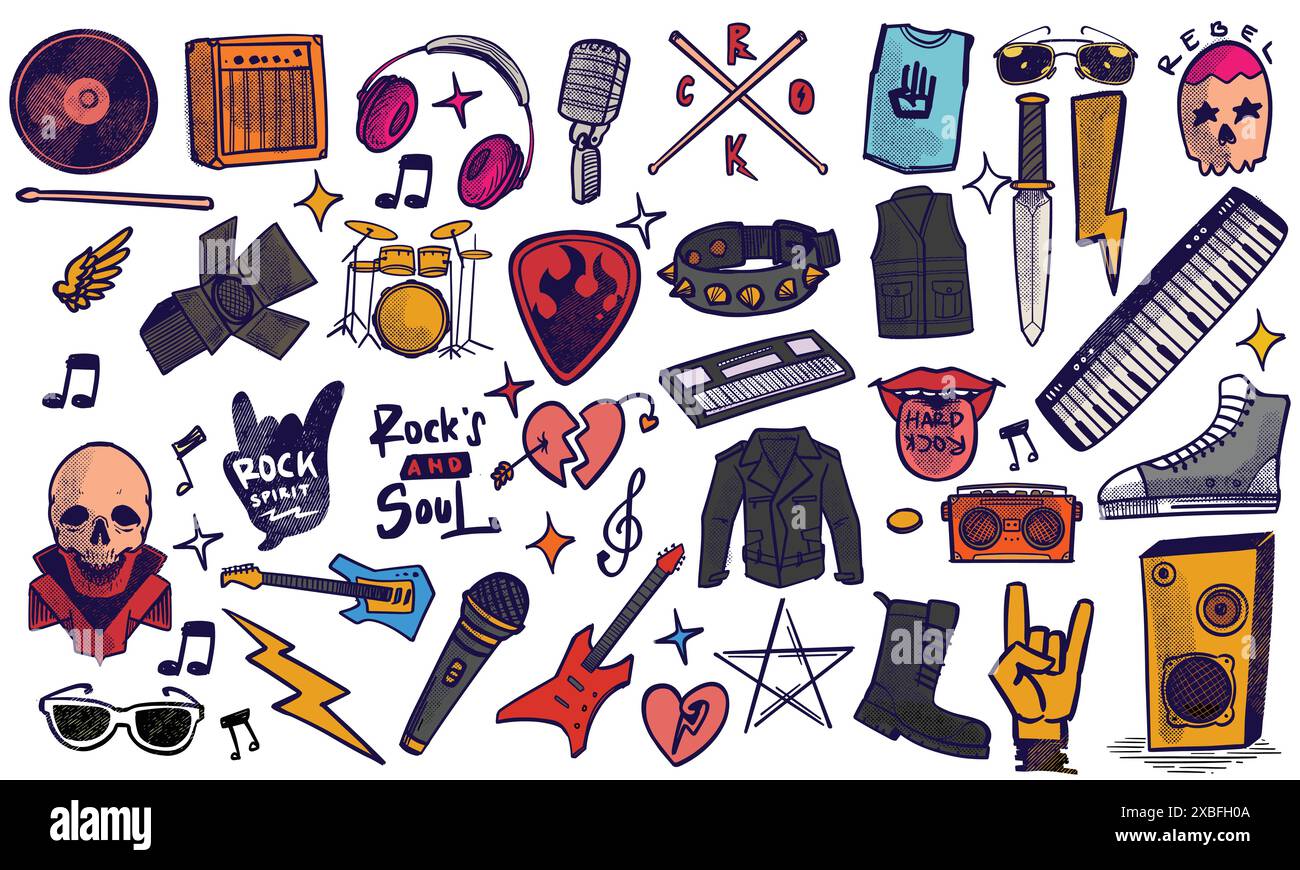 Colorful hand drawn set of rock music doodle music instruments in ...