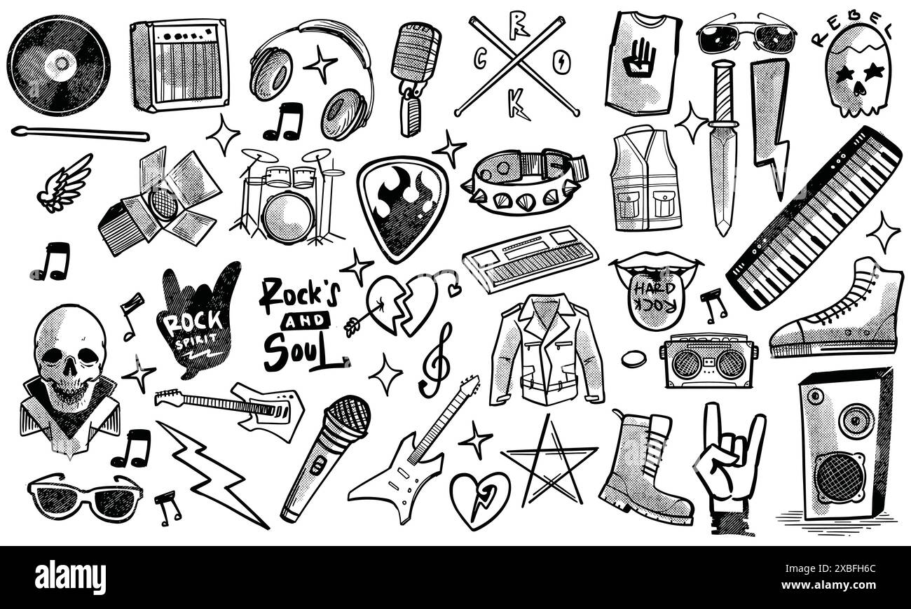 Black and white hand drawn set of rock music doodle music instruments ...
