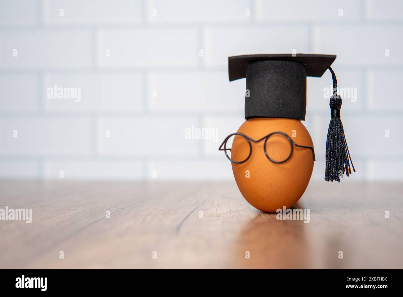 A close-up image of a brown egg wearing a black graduation cap and ...