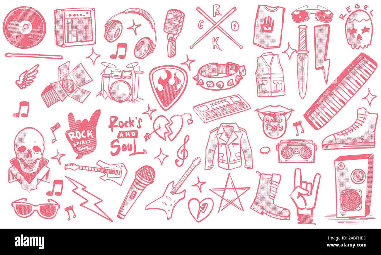Pink color style hand drawn set of rock music doodle music instruments ...