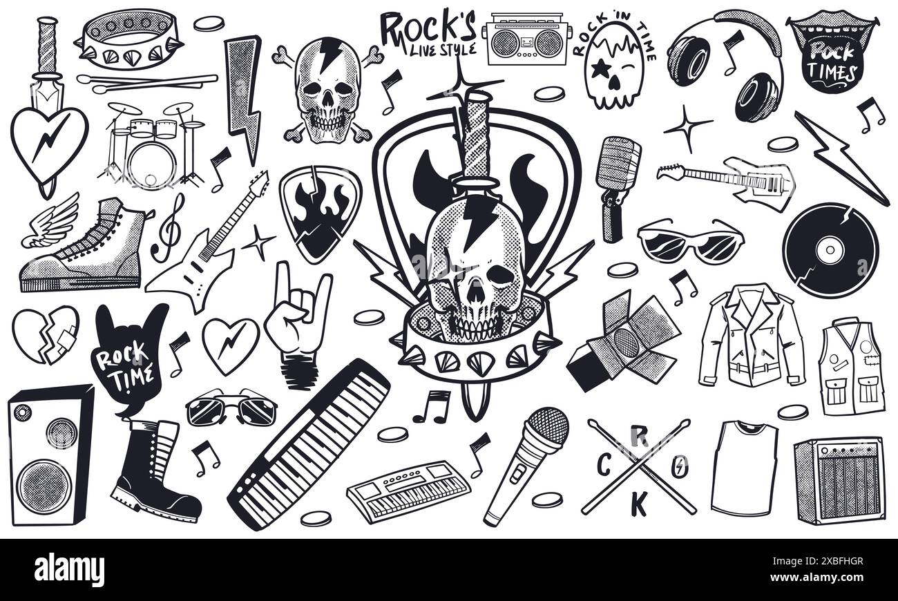 Black and white hand drawn set of rock music doodle music instruments ...