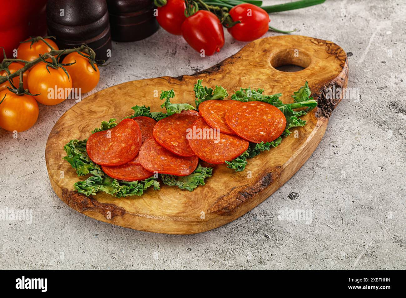 Spanish salami cured chorizo sausage slices Stock Photo - Alamy
