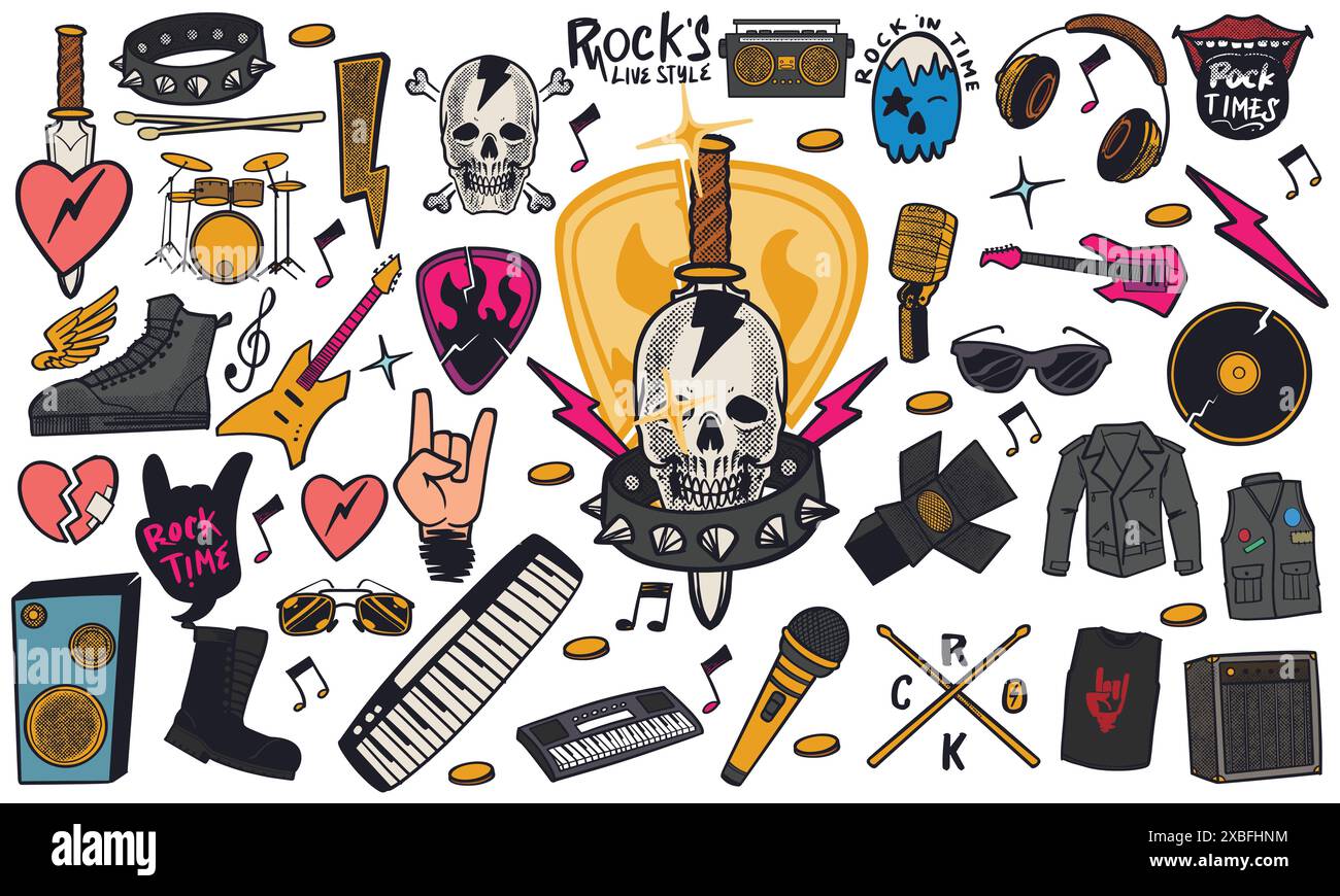 Colorful hand drawn set of rock music doodle music instruments in ...
