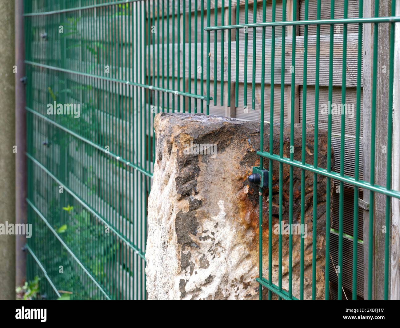 Double rod mesh fence meets slatted privacy fence Stock Photo - Alamy