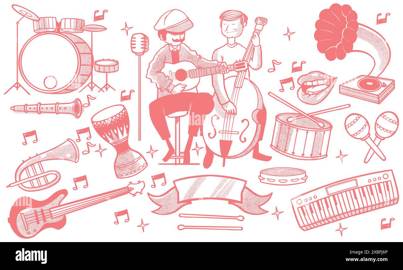 Pink hand drawn set of jazz music doodle set. music instruments concept ...