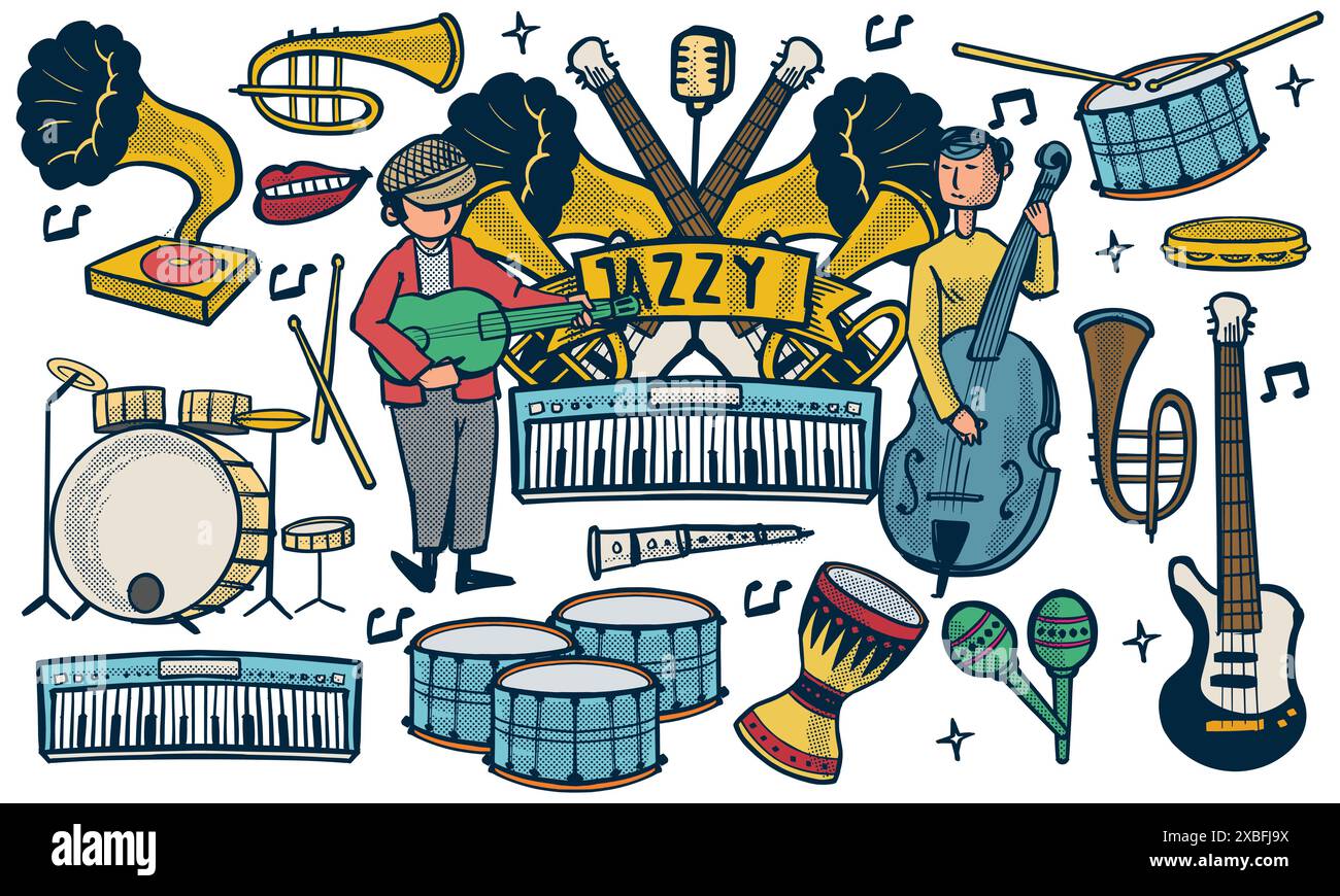 Colorful hand drawn set of jazz music doodle set. music instruments ...