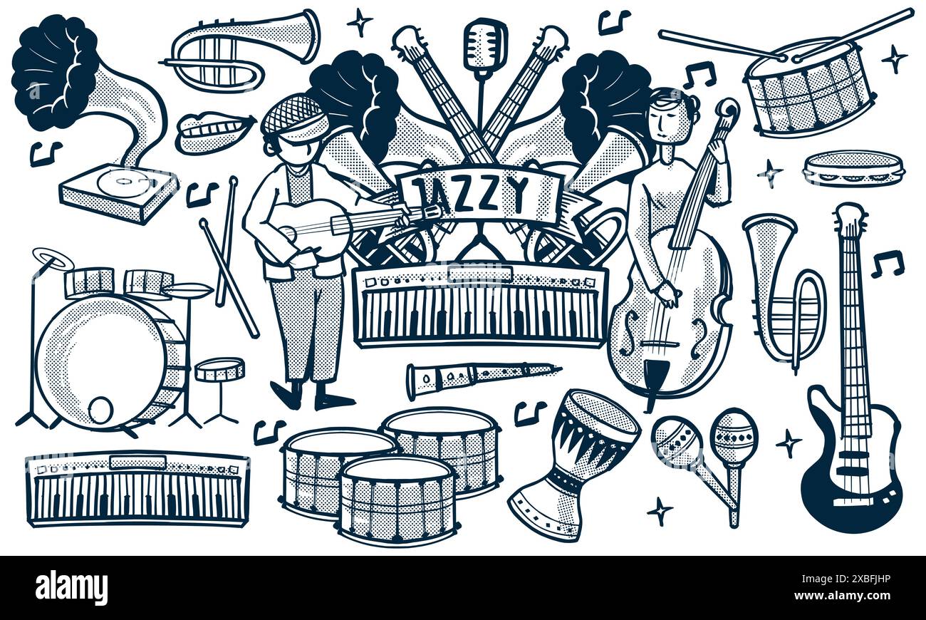 Black and white hand drawn set of jazz music doodle set. music ...