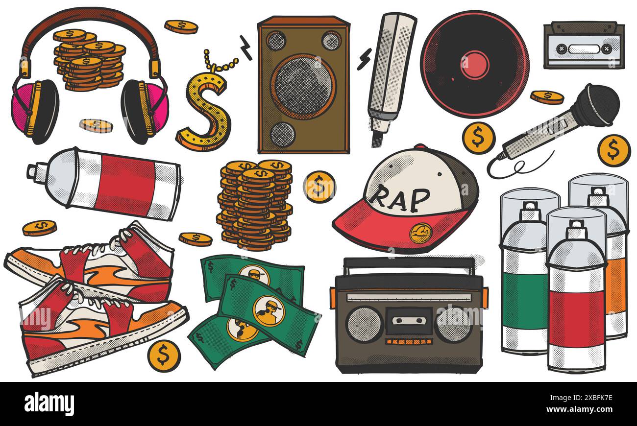 Colorful hand drawn set of rap music doodle set. music instruments ...