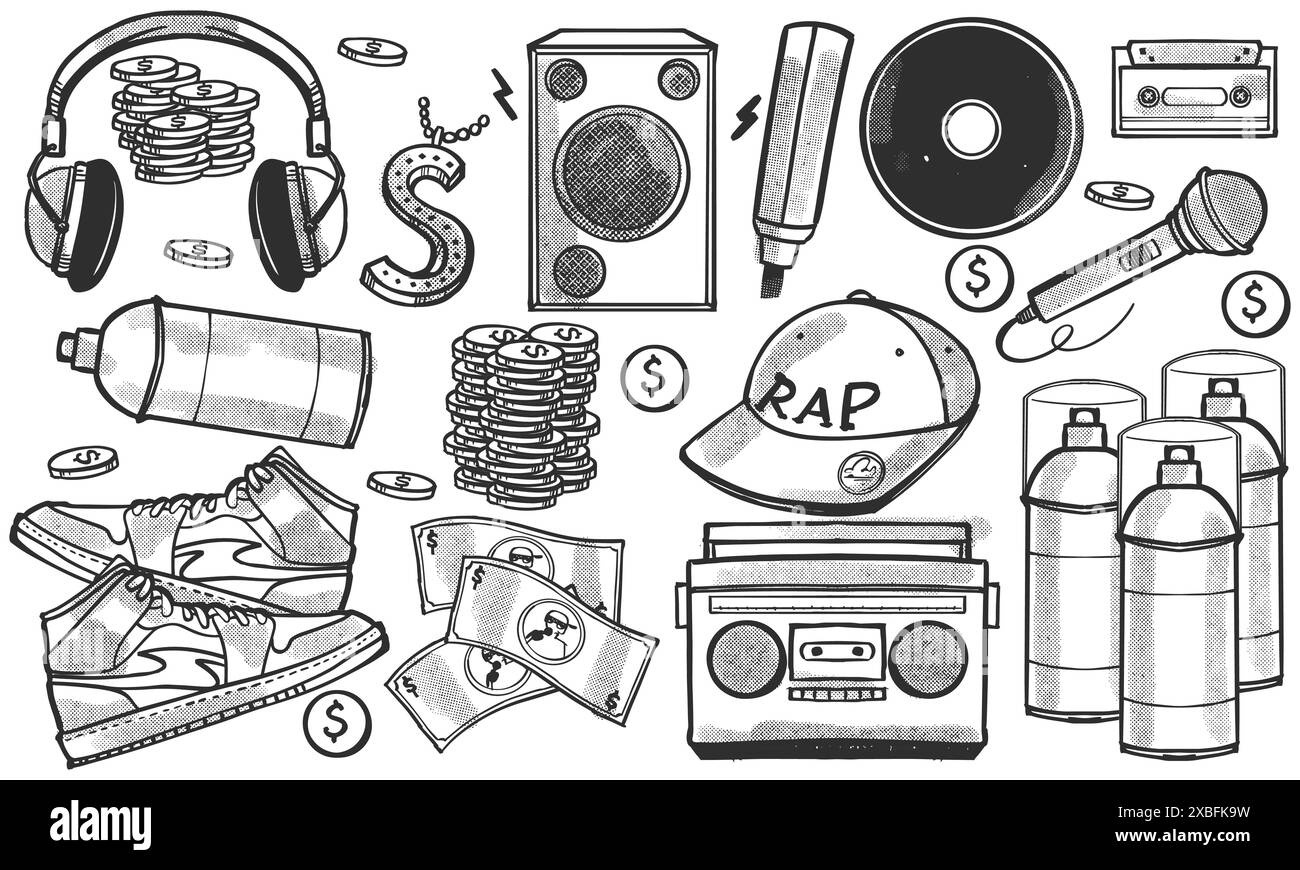 Black and white hand drawn set of rap music doodle set. music ...