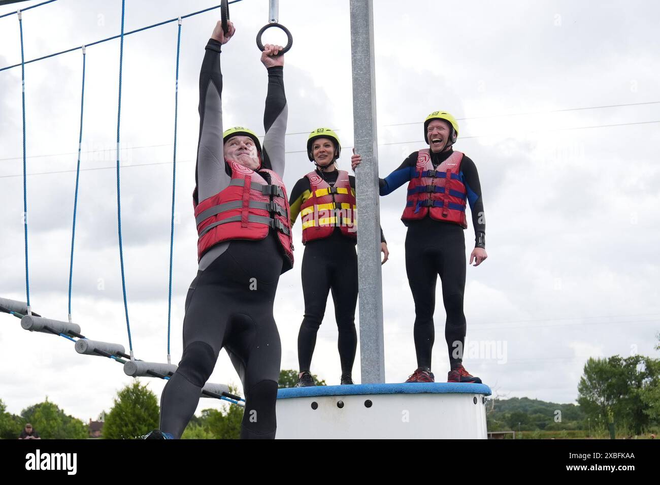Liberal Democrats leader Sir Ed Davey attempts an Aqua Jungle floating ...