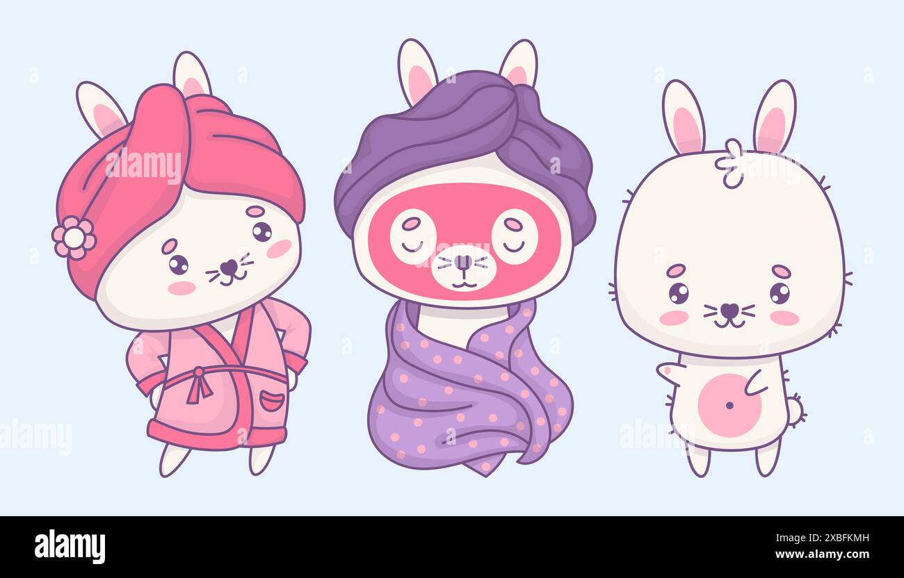 Cute bunnies collection. Happy white rabbit, funny in pink robe, with ...