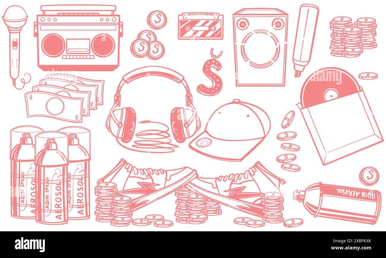 Pink hand drawn set of rap music doodle set. music instruments concept ...