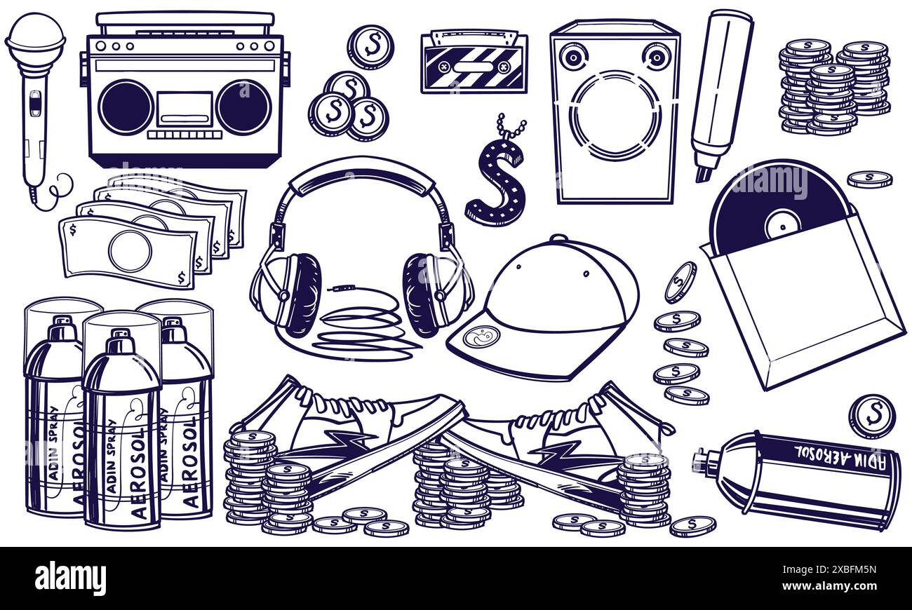 Black and white hand drawn set of rap music doodle set. music ...