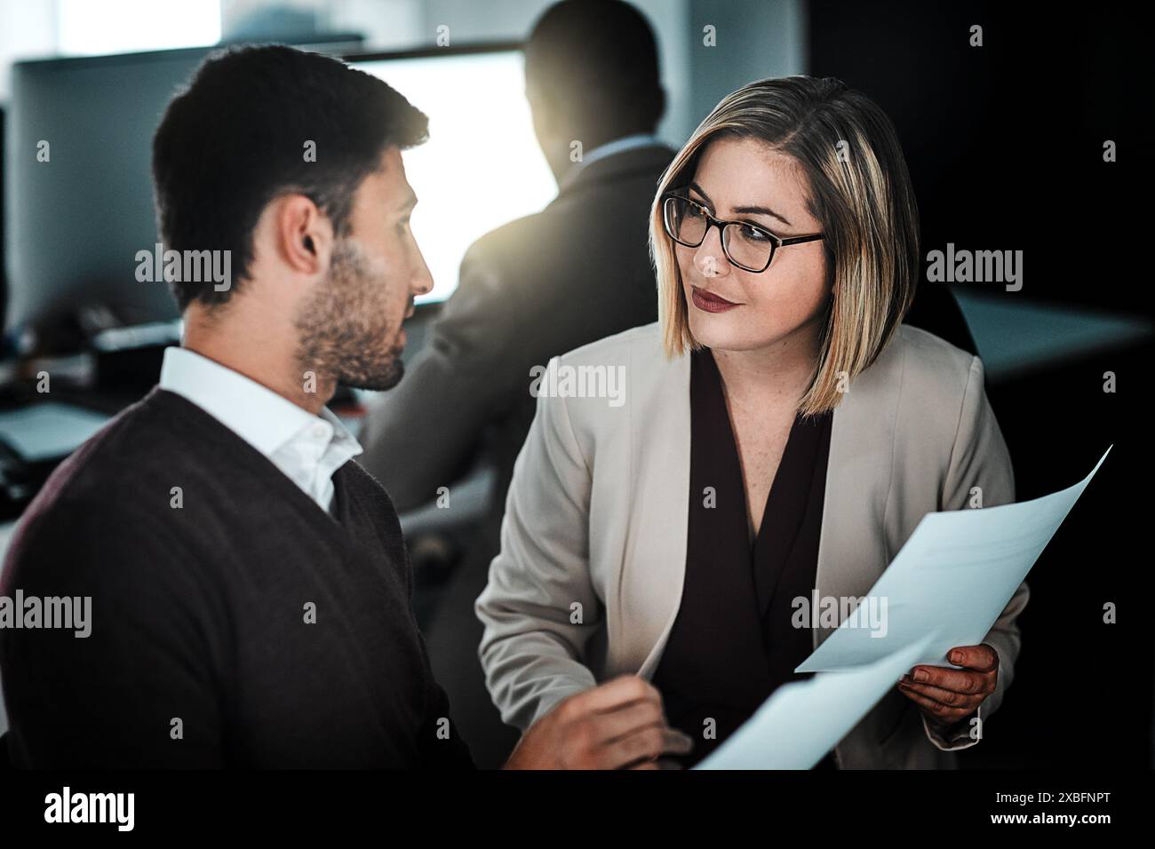 Business people, advice and teamwork with documents, conversation and ...
