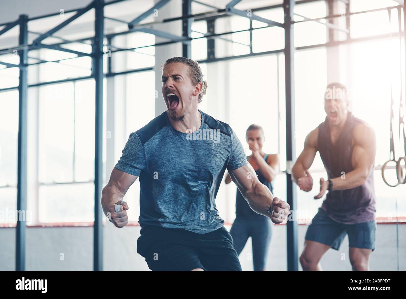 Fitness, people and shout to celebrate success in exercise class ...