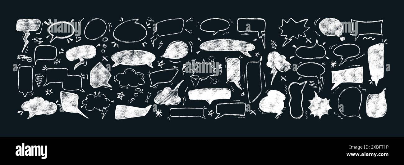 Hand drawn speech bubbles various shapes in doodle style. White chalk ...