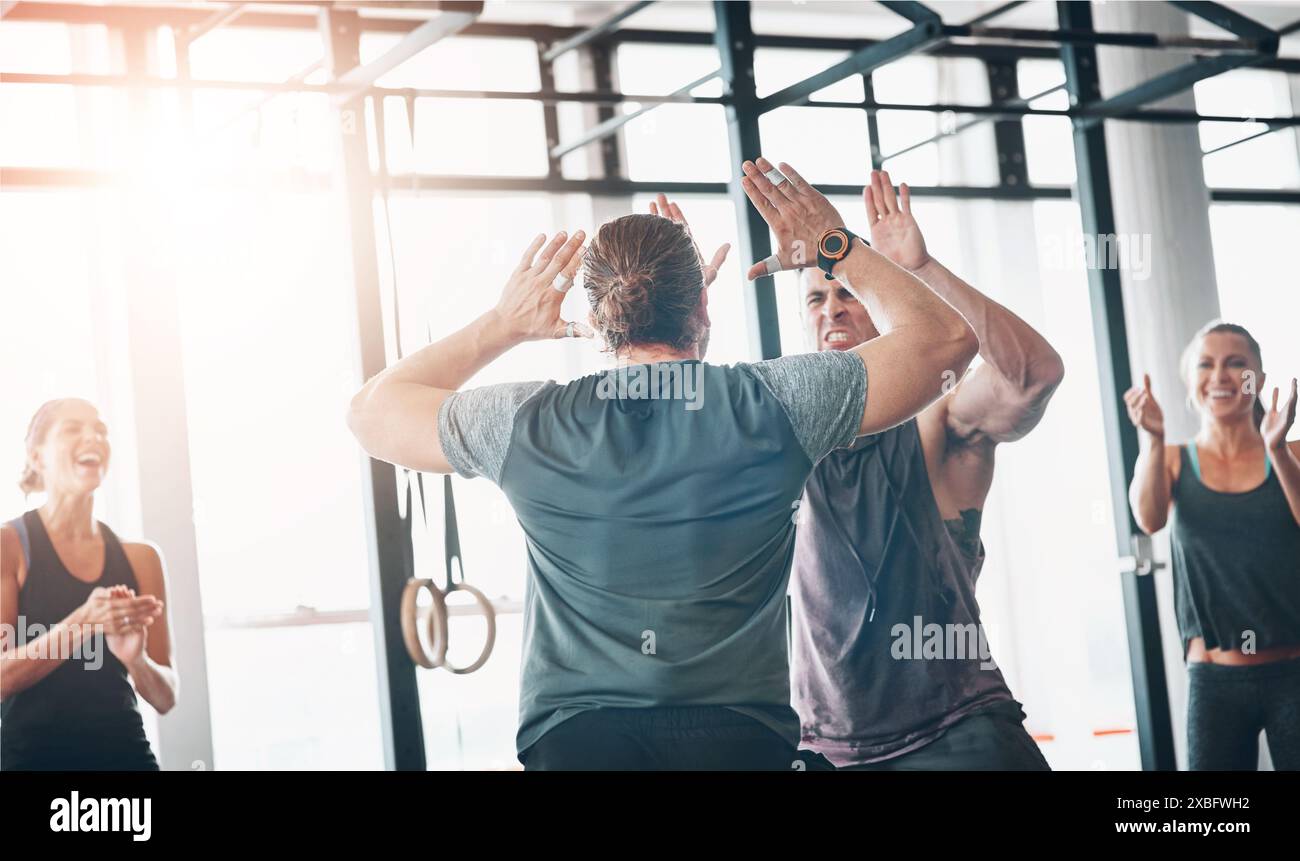 Celebration, gym and team with high five, fitness and clapping for ...
