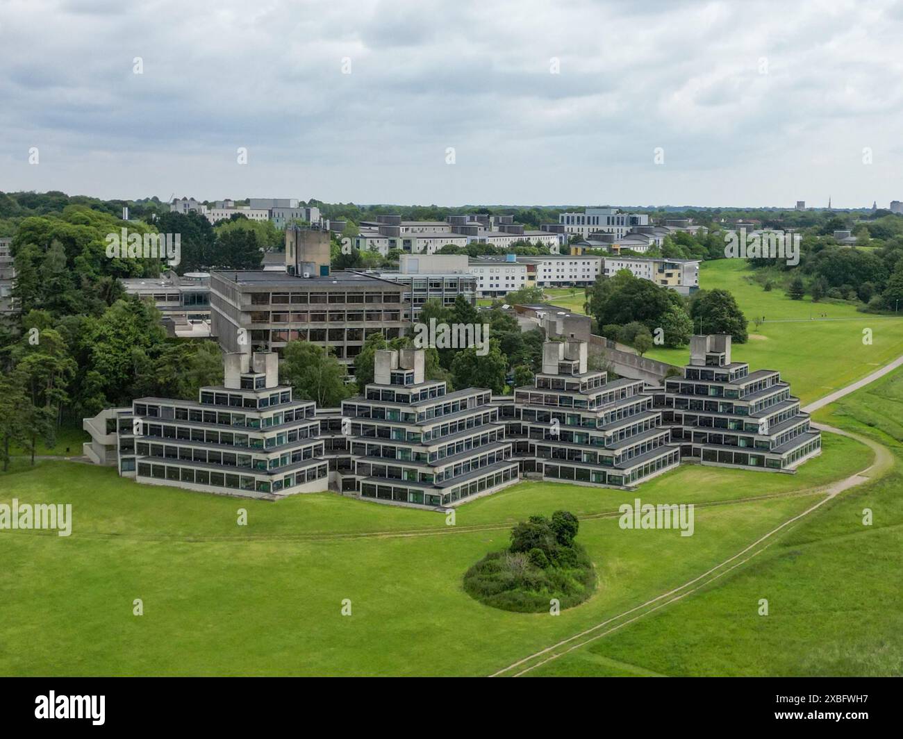 An Aerial view of the University of East Anglia campus with its distinctive ziggurat buildings ...