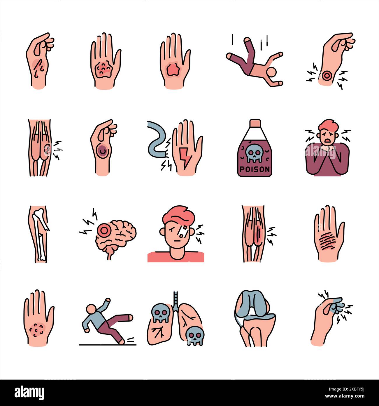 Household injuries line color icons set. Signs for web page, mobile app ...