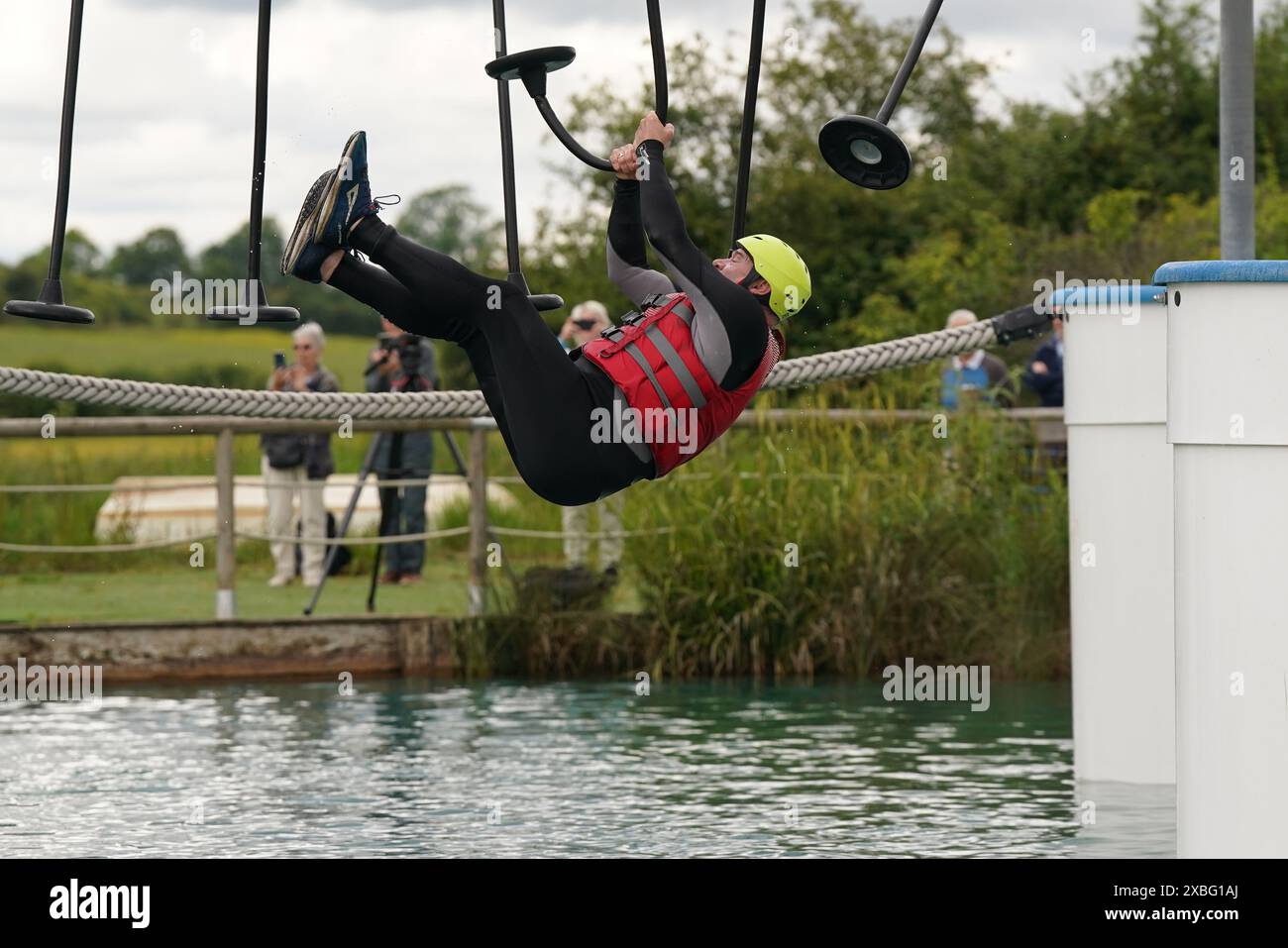 Liberal Democrats leader Sir Ed Davey attempts an Aqua Jungle floating ...