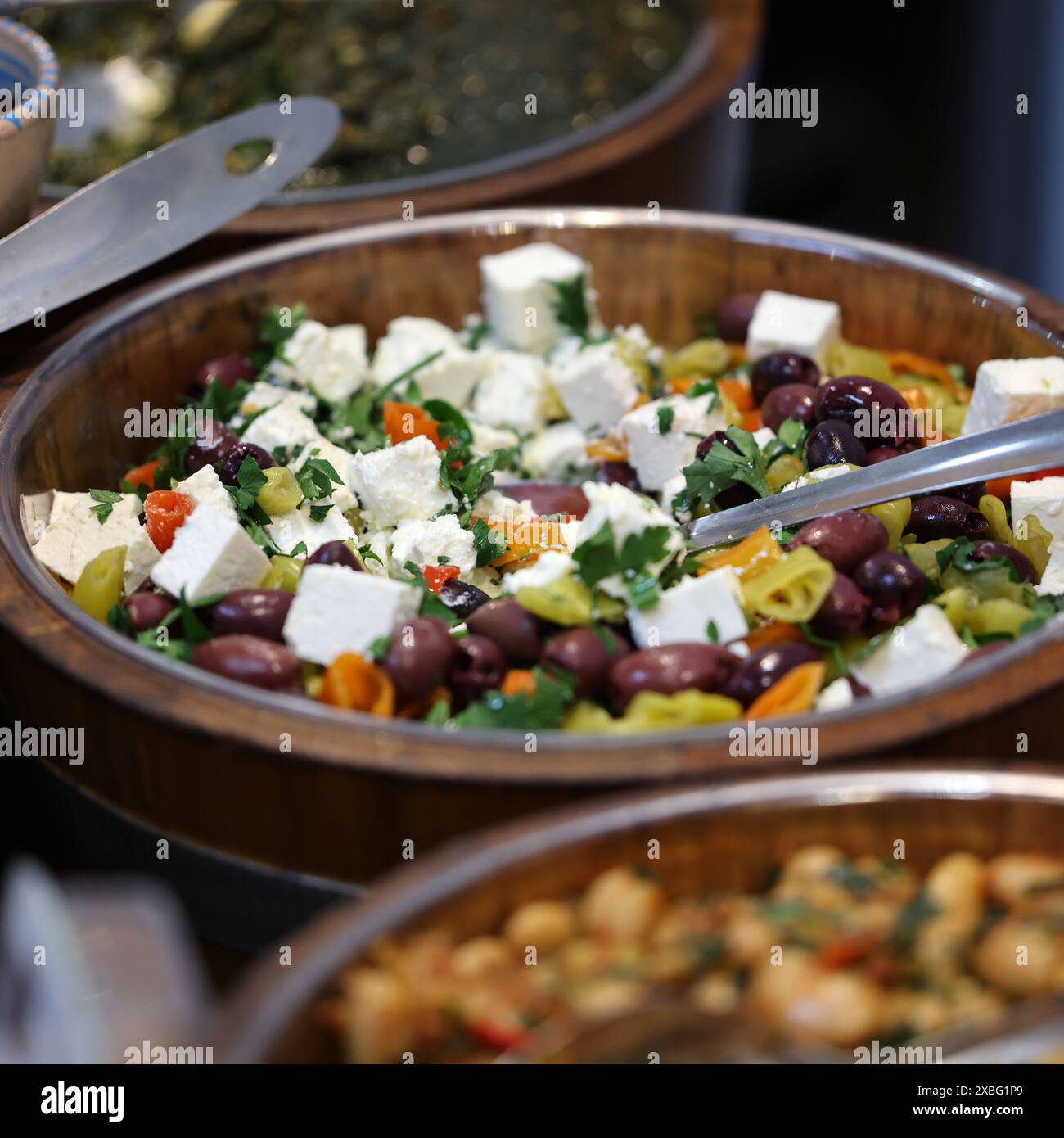 Greek salad with feta cheese and olives. Typical delicious greek style ...