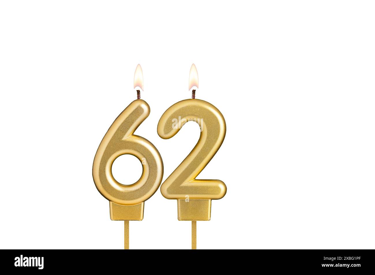 Golden number 62 birthday candle on white background Stock Photo - Alamy